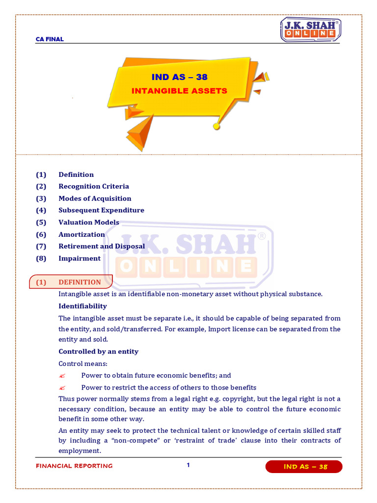 IND AS 38 - INTANGIBLE ASSETS Revision | PDF | Intangible Asset | Fair ...