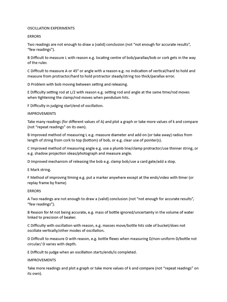 Oscillation Experiment Errors and Improvements | PDF | Pendulum | Metrology
