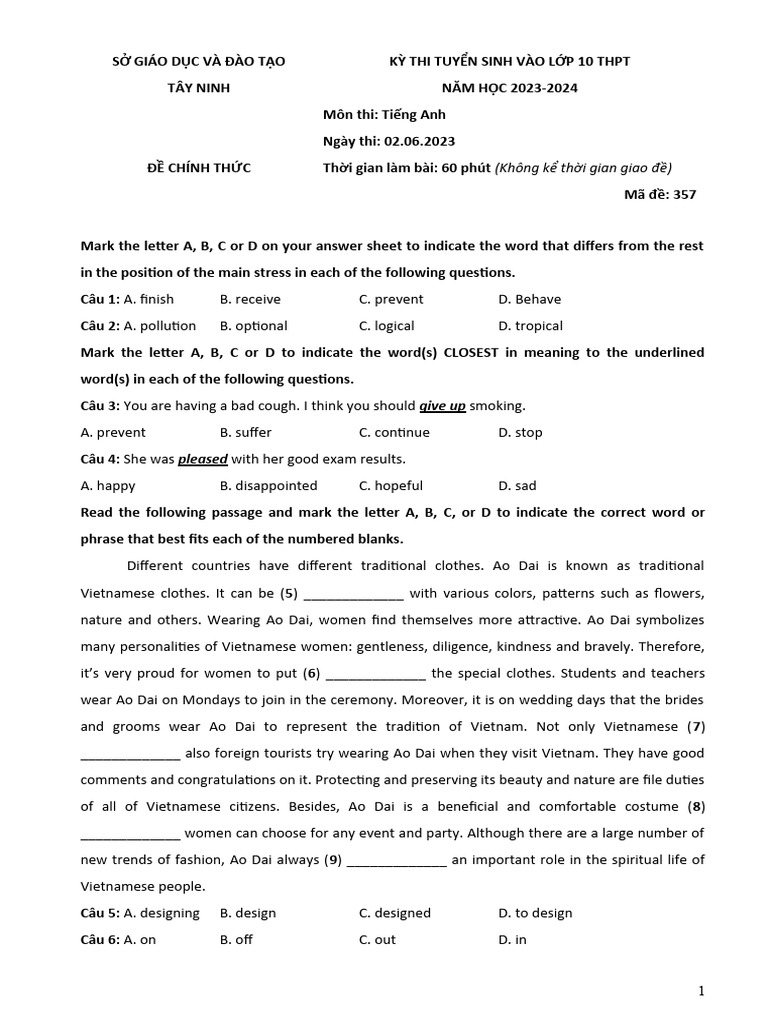 Practice 21 - Tây Ninh 2023 | PDF