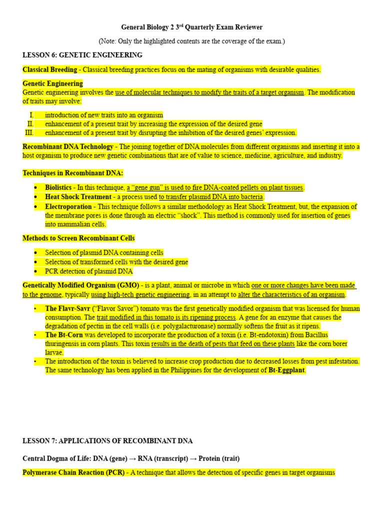 (REVIEWER) General Biology 2 3rd QT Reviewer (Summary of Lessons 6-9) | PDF | Genotype | Primer ...