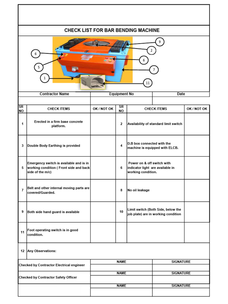 Checklist For Bar Bending Machine | PDF | Manufactured Goods