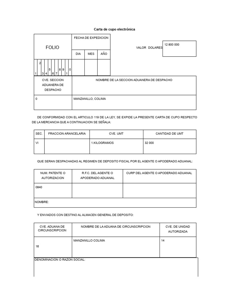 Ejemplo de Carta de Cupo Electrónica | PDF | aduana | El comercio ...