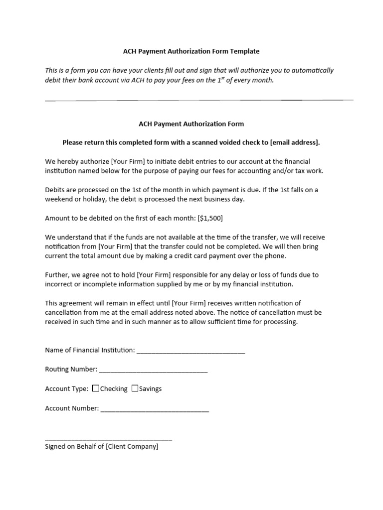 ACH Payment Authorization Form Template | PDF | Career & Growth ...