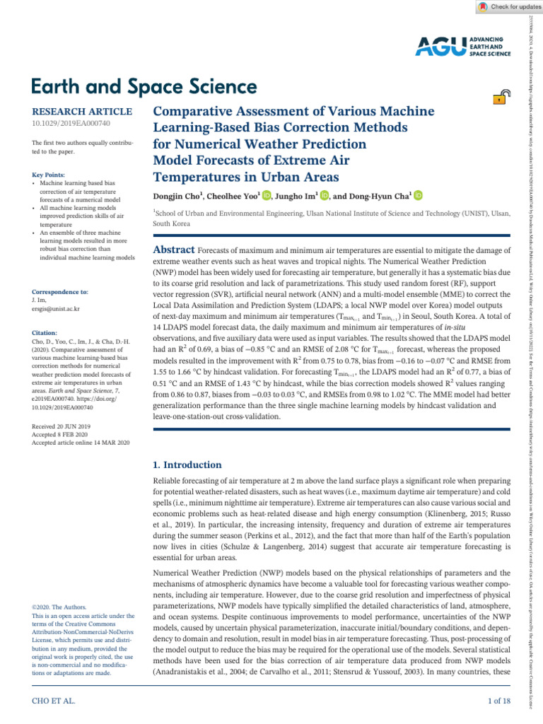 Earth and Space Science - 2020 - Cho - Comparative Assessment of Various Machine Learning Based ...