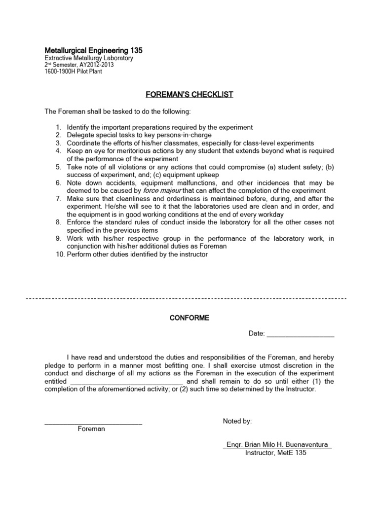 Foreman's Checklist | PDF | Laboratories