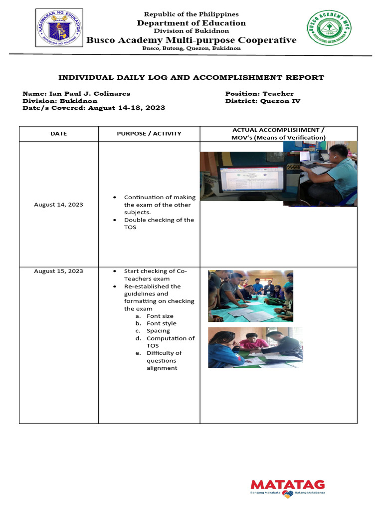 Colinares, Accomplishment. August 14-18 | PDF