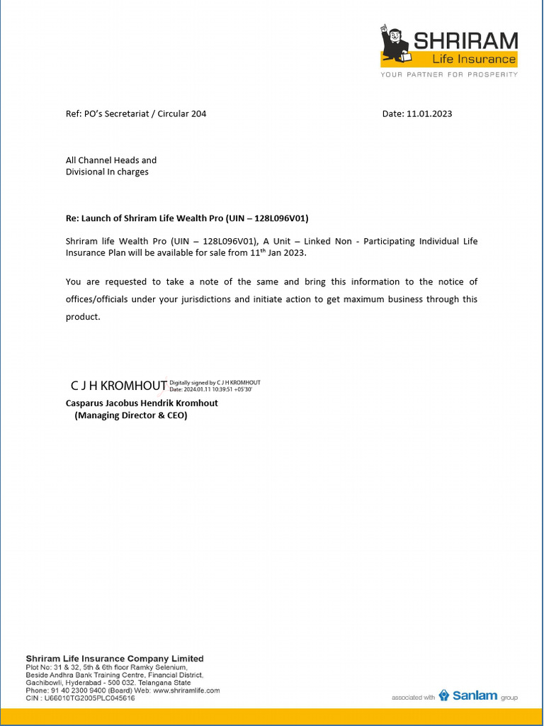 Internal Launch Letter - Shriram Life Wealth Pro V01 | PDF | Business ...