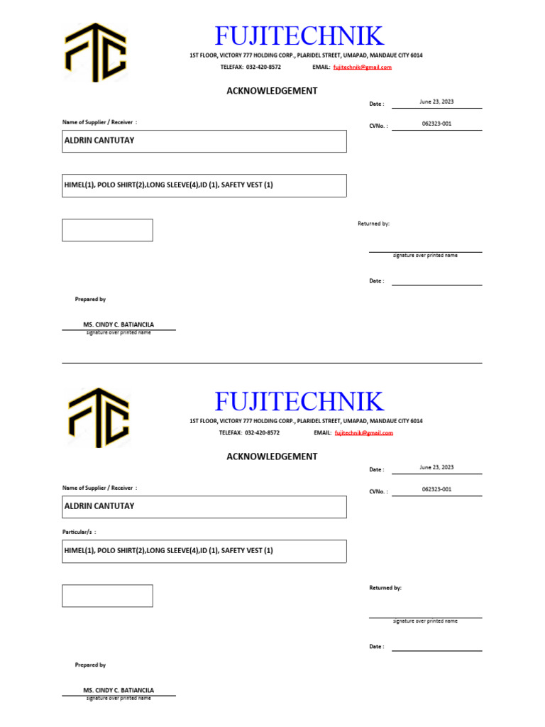 ACKNOWLEDGEMENT (Return) | PDF