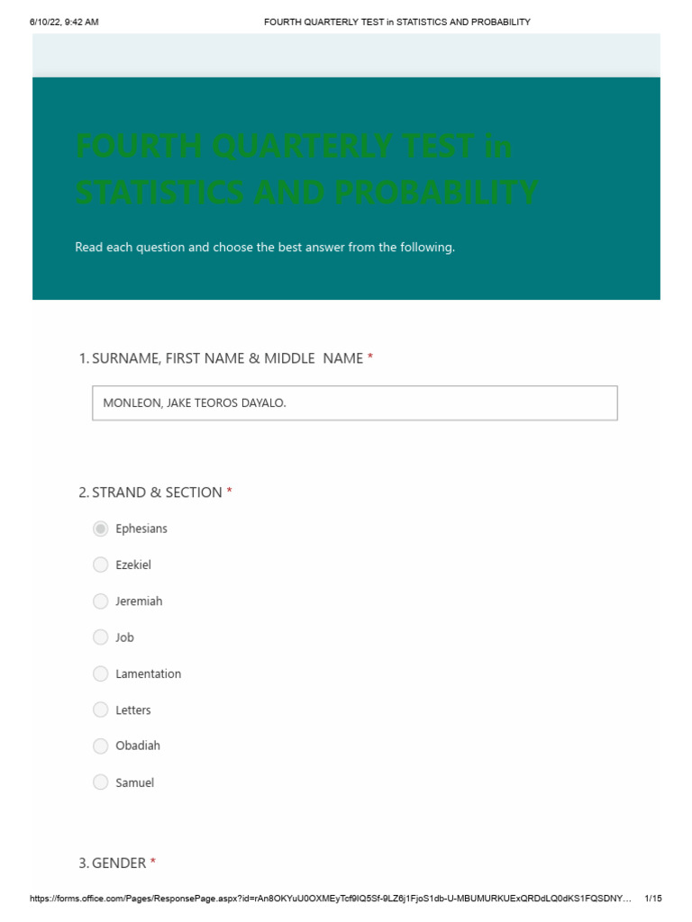 FOURTH QUARTERLY TEST in STATISTICS AND PROBABILITY | PDF | Statistical ...