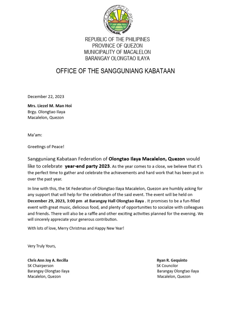 Solicitation Letter For Year-End Party | PDF | Christmas | Youth ...