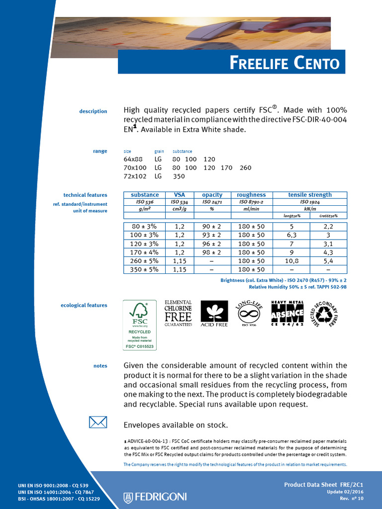 FT - Freelife Cento - Recycled - Paper - FSC | PDF | Paper | Industrial ...