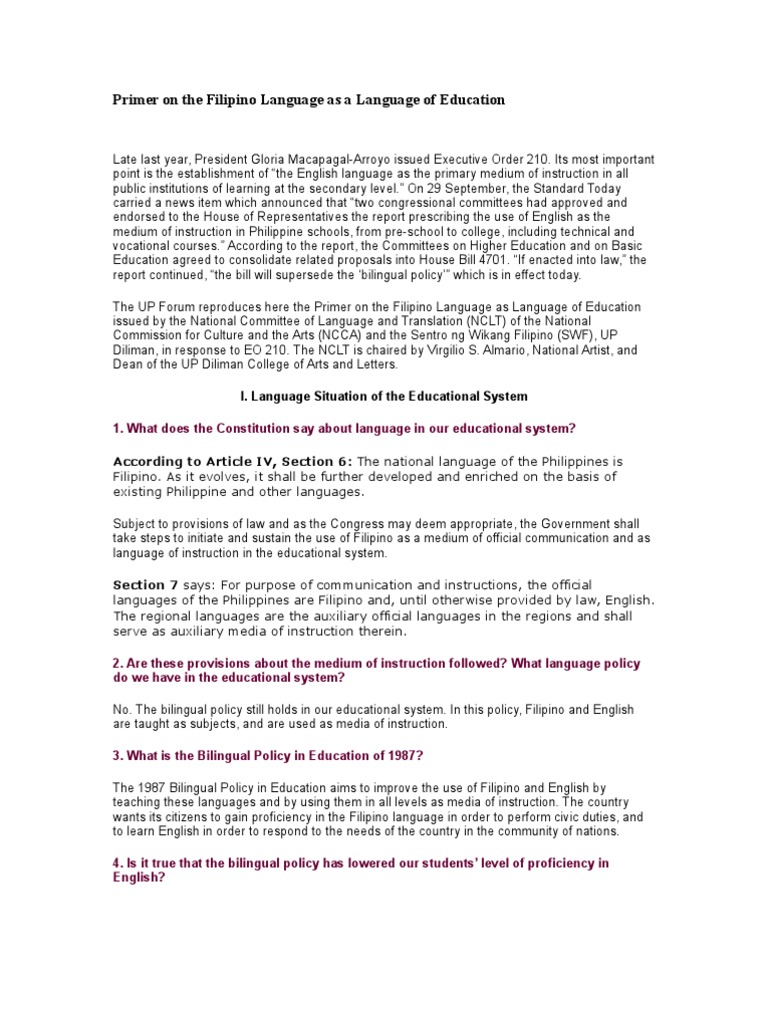 Primer On The Filipino Language As A Language of Education | PDF ...