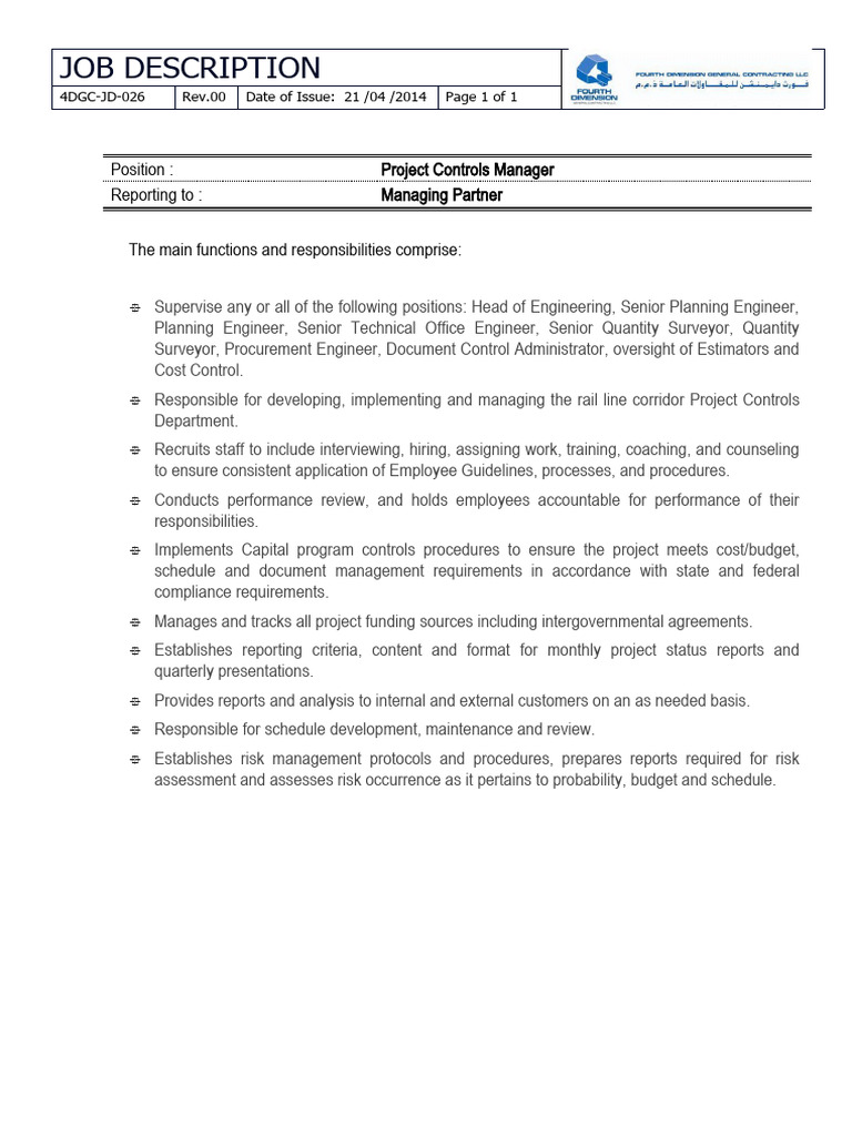 Project Controls Manager Job Description | PDF