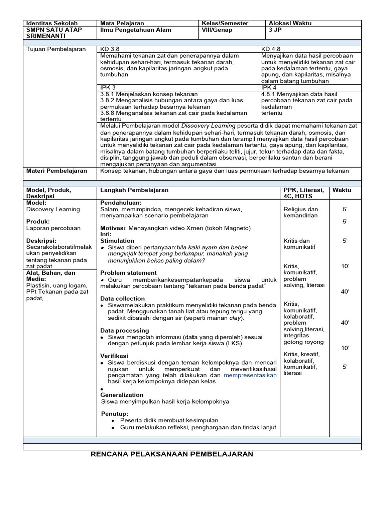 RPP Ipa Kelas 8 SM 2 Konsep Tekanan | PDF