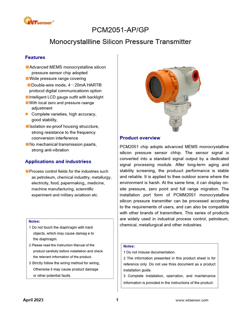 PCM2051-APGP Monocrystalline Silicon Pressure Transmitter | PDF | Pressure Measurement | Transmitter