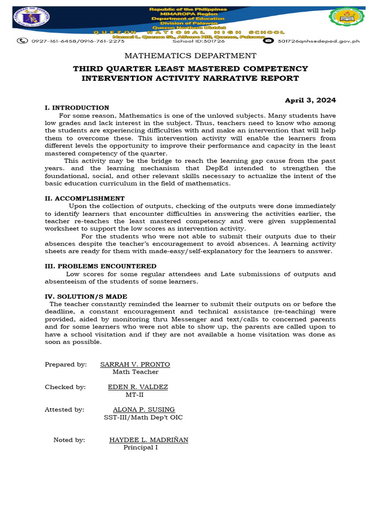 Q3_Intervention Narrative-Template_Math Teachers_Maam Valdez Group | PDF | Learning | Teachers