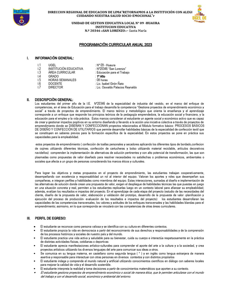 Programacion Anual EPT 2023 DE PRIMER AÑO | PDF | Aprendizaje | Evaluación
