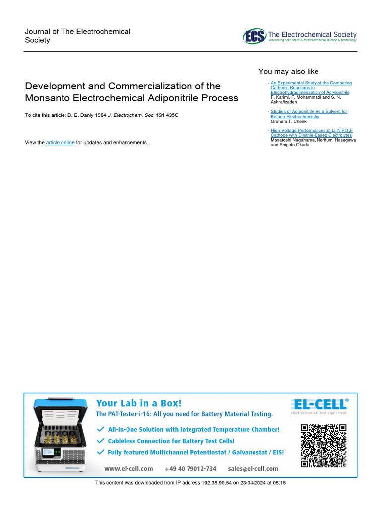 History of Commercial Electrochemical Adiponitrile Production - Danly ...