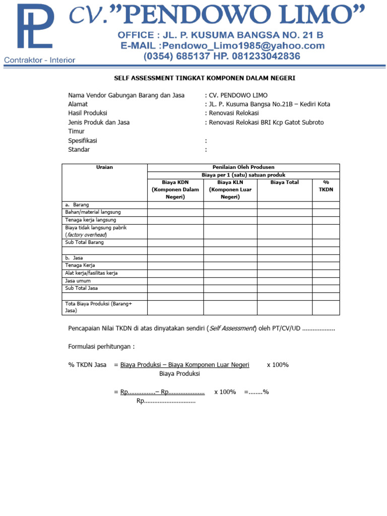 1.10 Formulir Self Assessment TKDN | PDF
