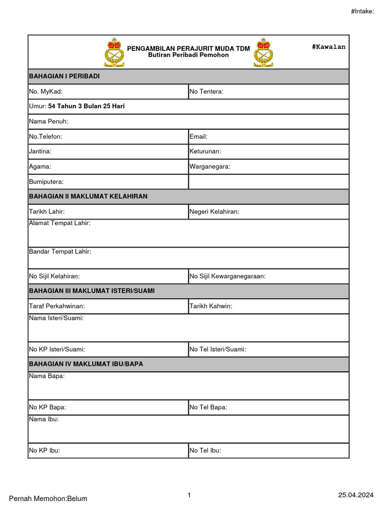 Pengambilan Perajurit Muda TDM Butiran Peribadi Pemohon: #Kawalan | PDF