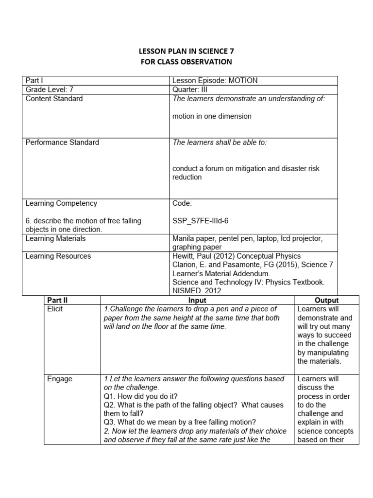 Lesson-Exemplar-G7FREEFALL | PDF | Acceleration | Velocity