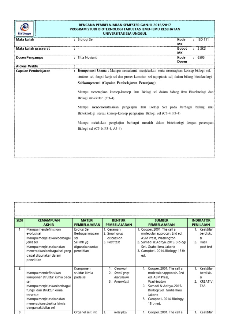 RPS IBD 111 Biologi Sel | PDF | Pengembangan Diri