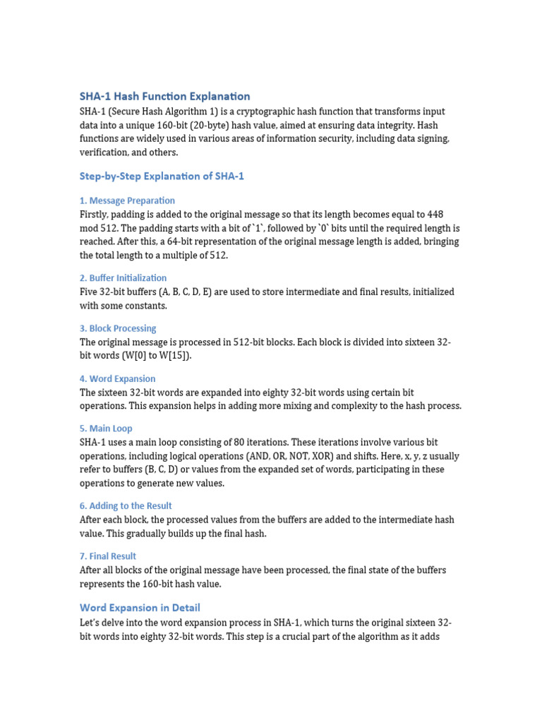 SHA1 Hash Function Explanation | PDF