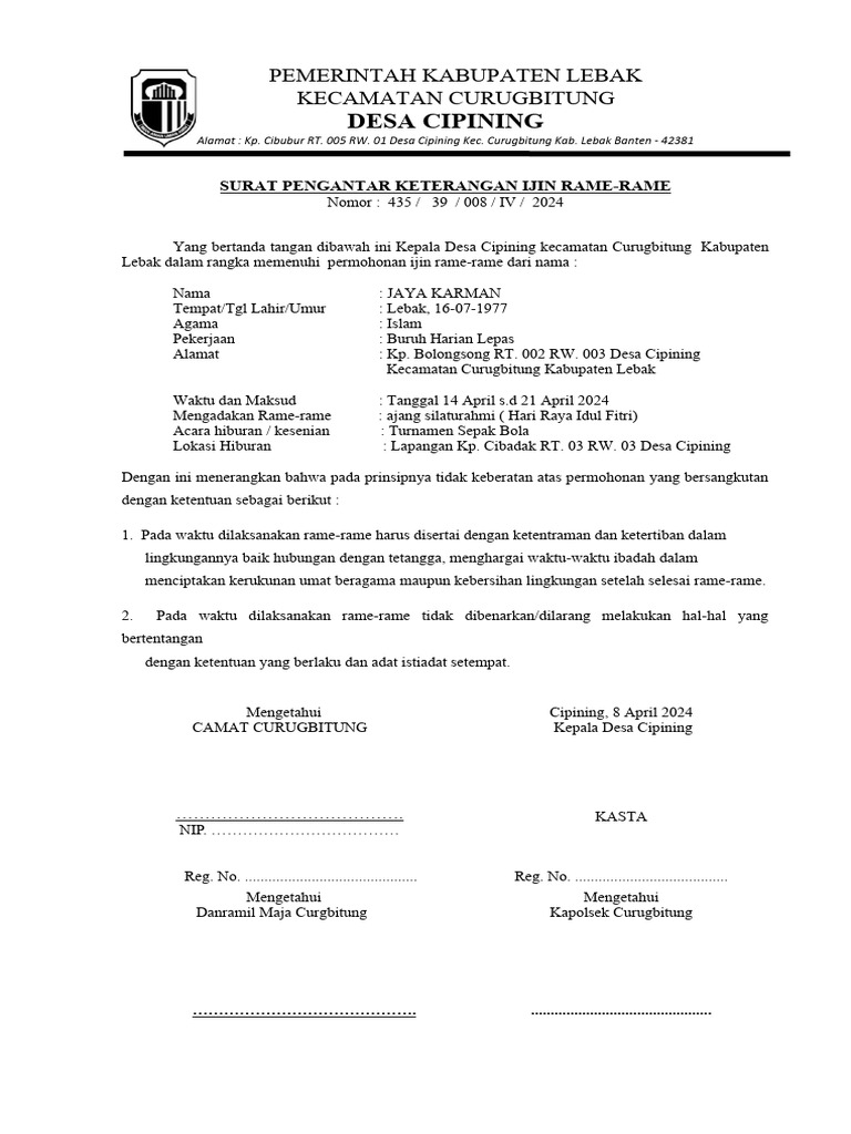 Surat Ket. Ijin Rame-Rame | PDF