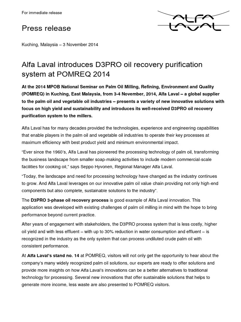 Alfa Laval Introduces D3pro Oil Recovery Purification System at Pomreq ...