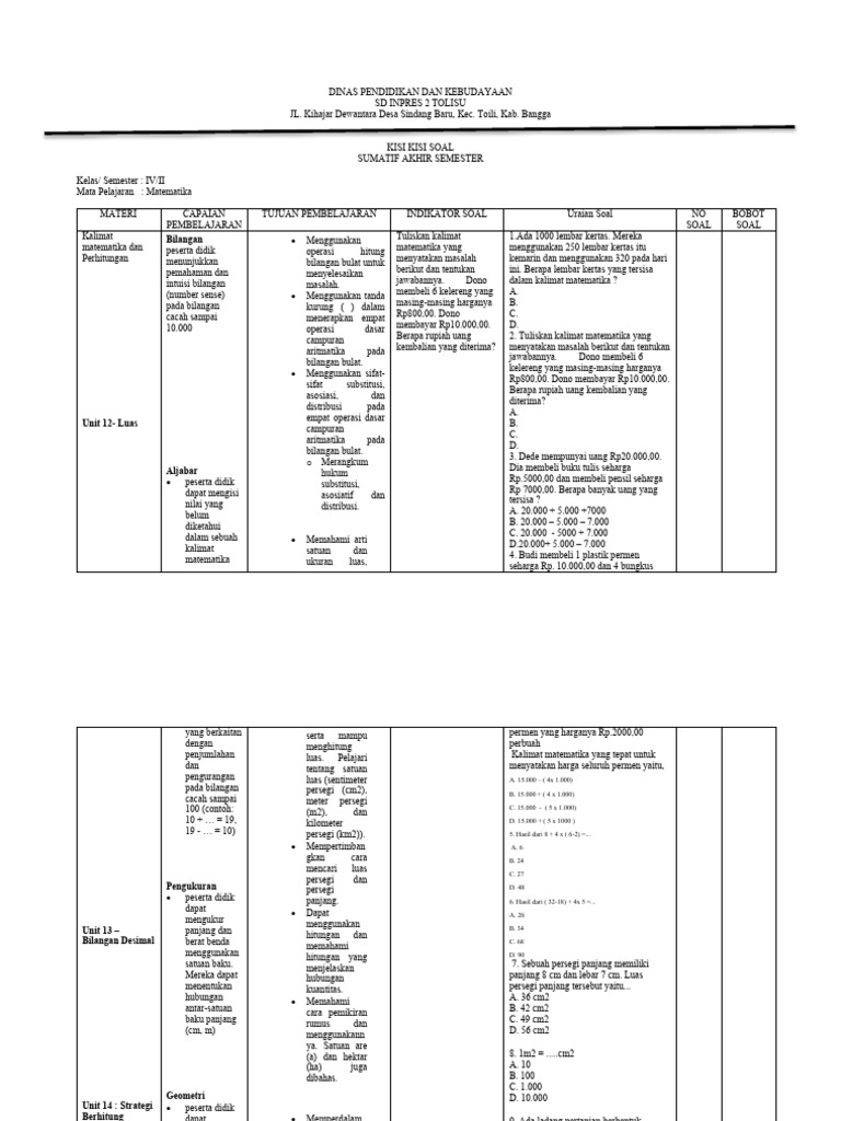 Kisi Kisi Soal MTK IV Smster 2 Fix | PDF