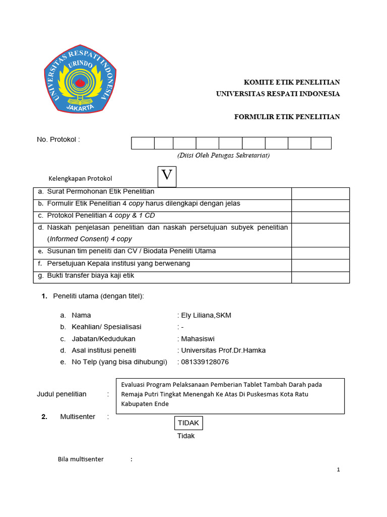 Formulir Penelitian Kaji Etik - Ely | PDF