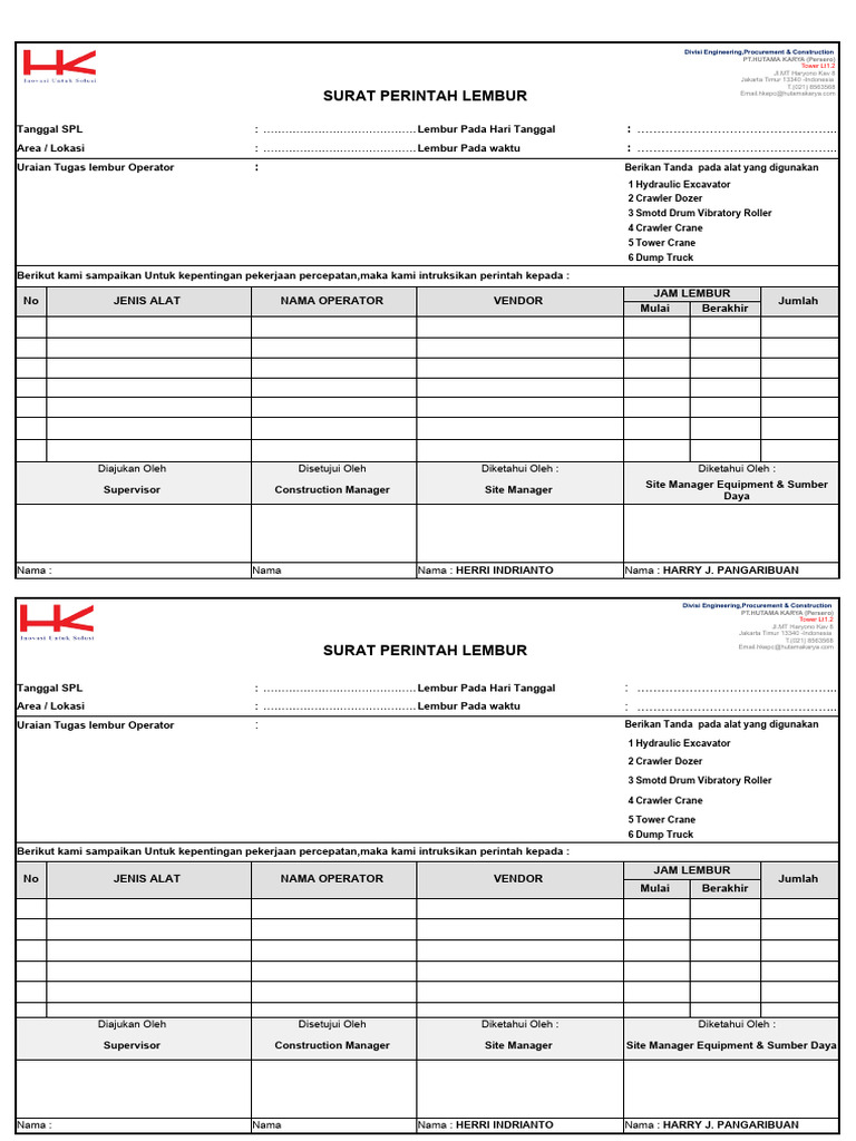 Surat Perintah Lembur Konstruksi | PDF