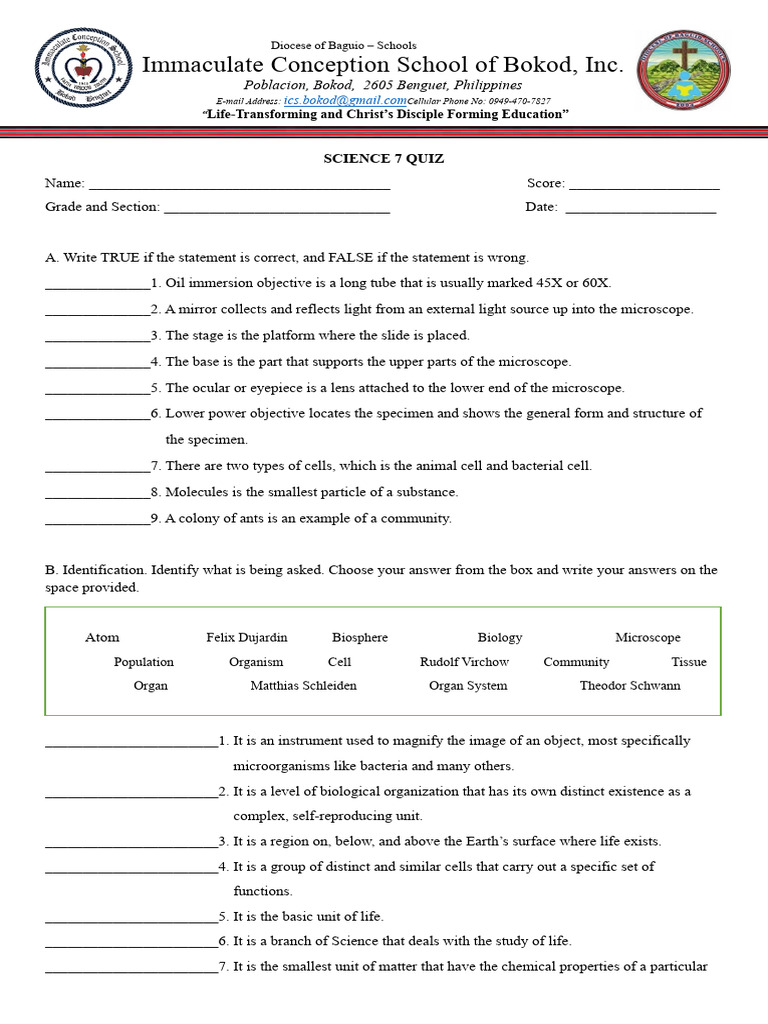 Grade 7 Q2 Assessment 1 | PDF | Cell (Biology) | Microscope