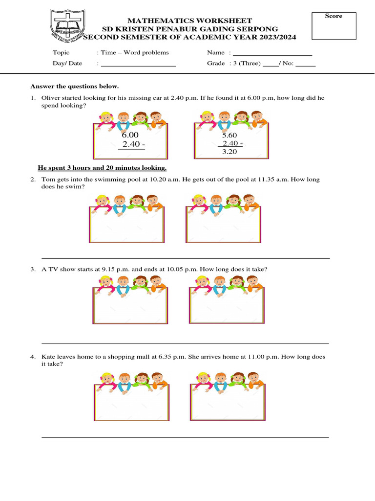 P3 Penabur Math Time Word Problem | PDF