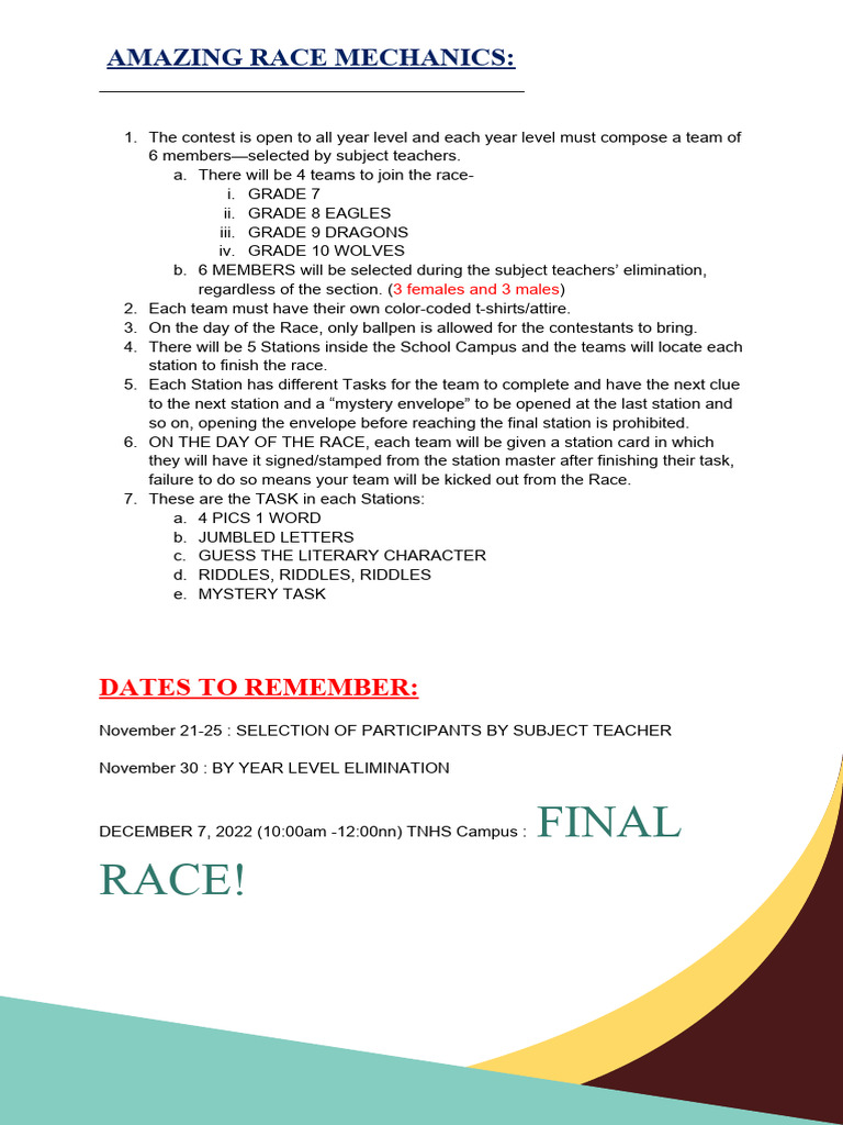 Amazing Race Contest Mechanics | PDF