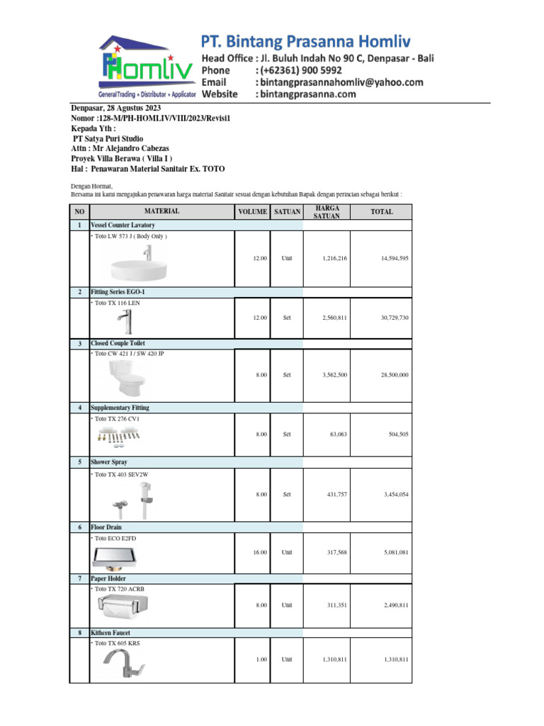 Penawaran Material Sanitair TOTO | PDF