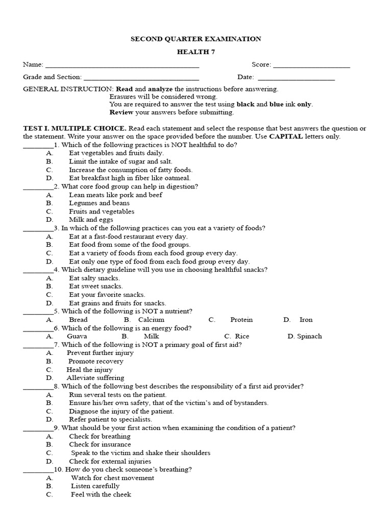 Grade 7 Nutrition Exam Overview | PDF | Foods | Nutrition