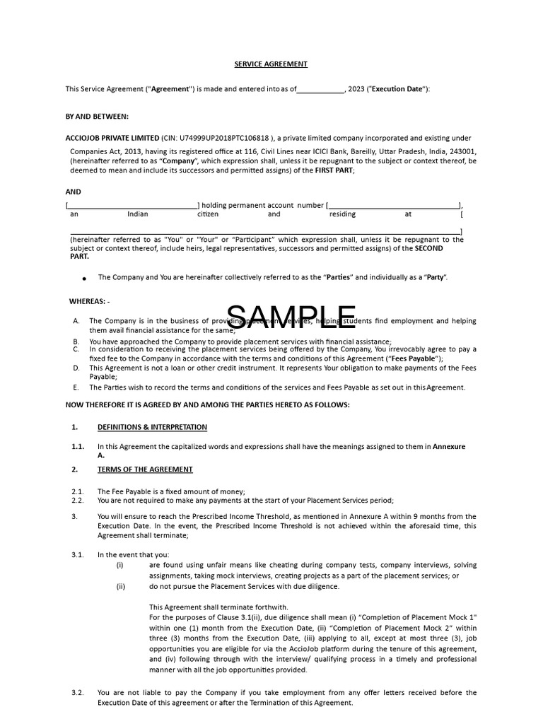 Placement Service Agreement Template | PDF | Credit History | Credit