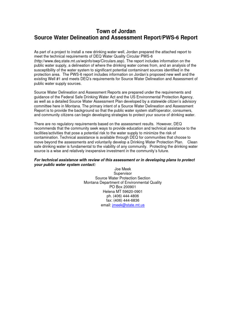 Town of Jordan Source Water Delineation and Assessment Report/PWS-6 ...