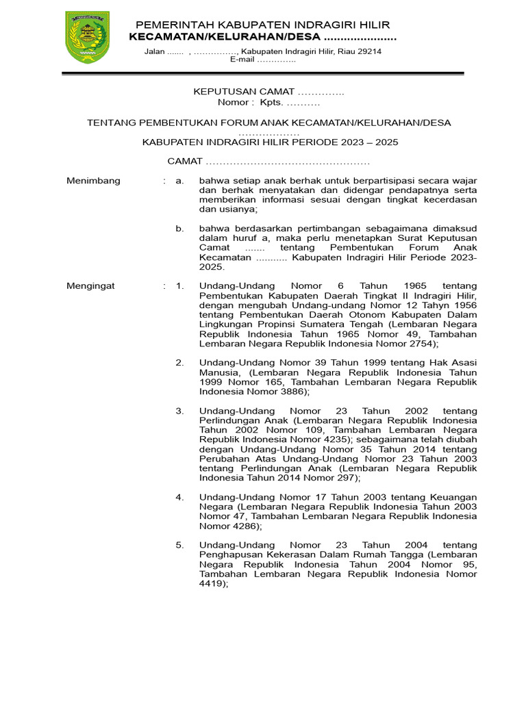 DRAFT SK FORUM ANAK KECAMATAN 2023 SD 2025 | PDF