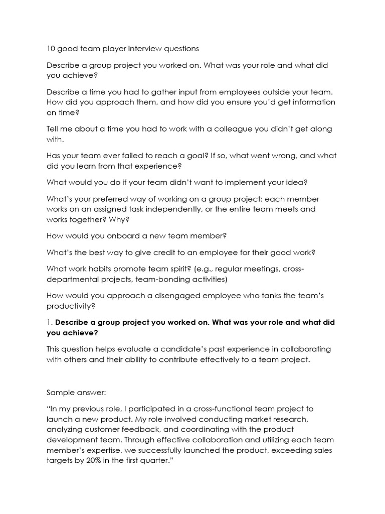 Key Team Player Interview Questions | PDF | Team Building | Communication