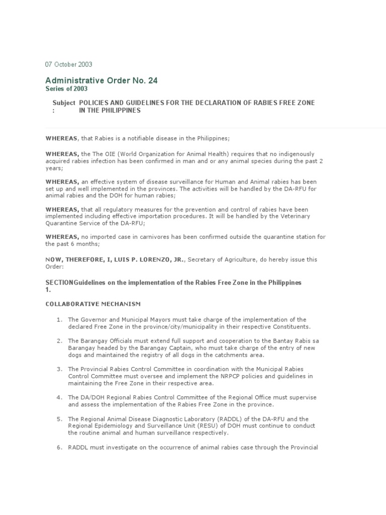 Declaration For Rabies Free Zone | PDF | Rabies | Quarantine
