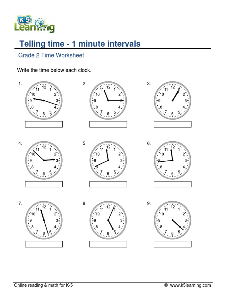 Grade 2 Time Worksheet - Telling time - 1 minute intervals | PDF Grade 2 Time Worksheet - Telling time - 1 minute intervals | PDF