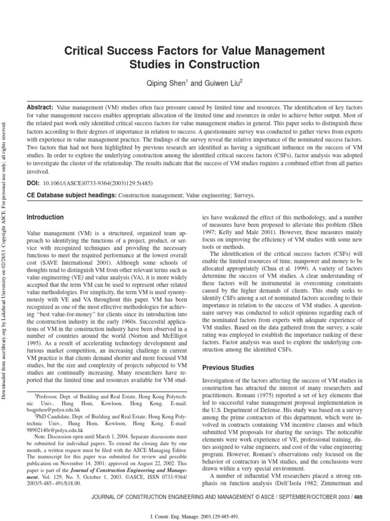 Critical Success Factors For Value Management Studies in Construction ...