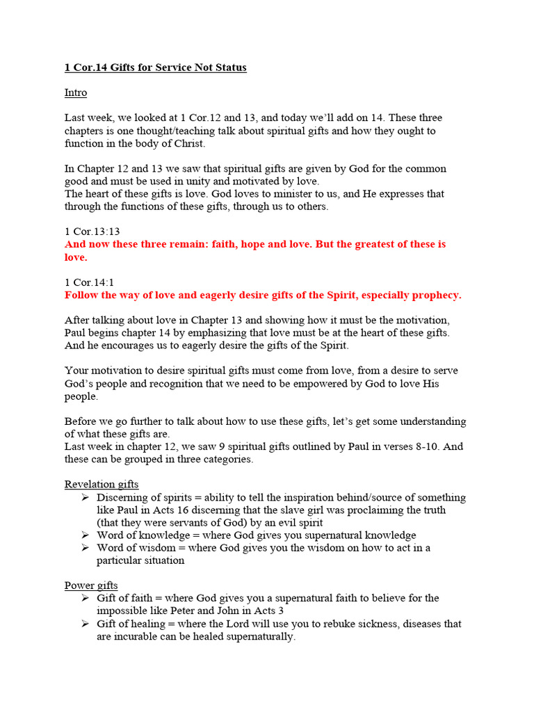 1 Cor.14 Gifts For Service Not Status | PDF | Spiritual Gift ...