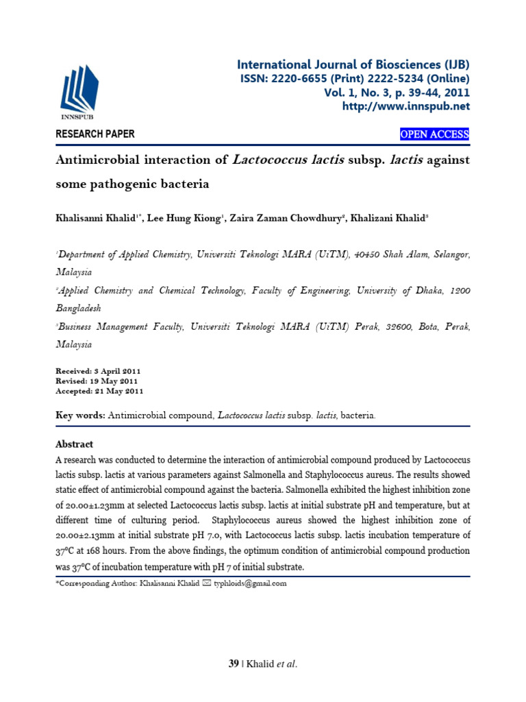 Antimicrobial Interaction Of Lactococcus Lactis Subsp Lactis Against Some Pathogenic Bacteria