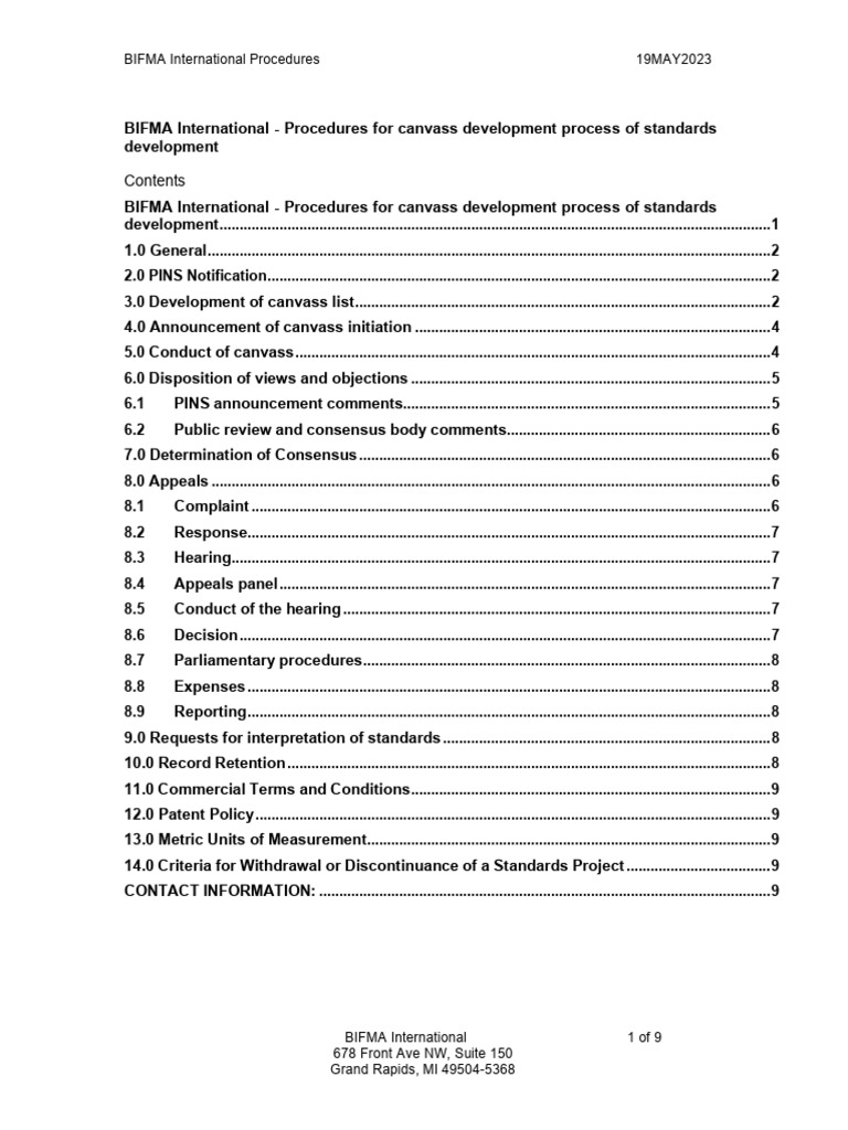BIFMA Procedures 18MAY2023 | PDF | Appeal | Standardization