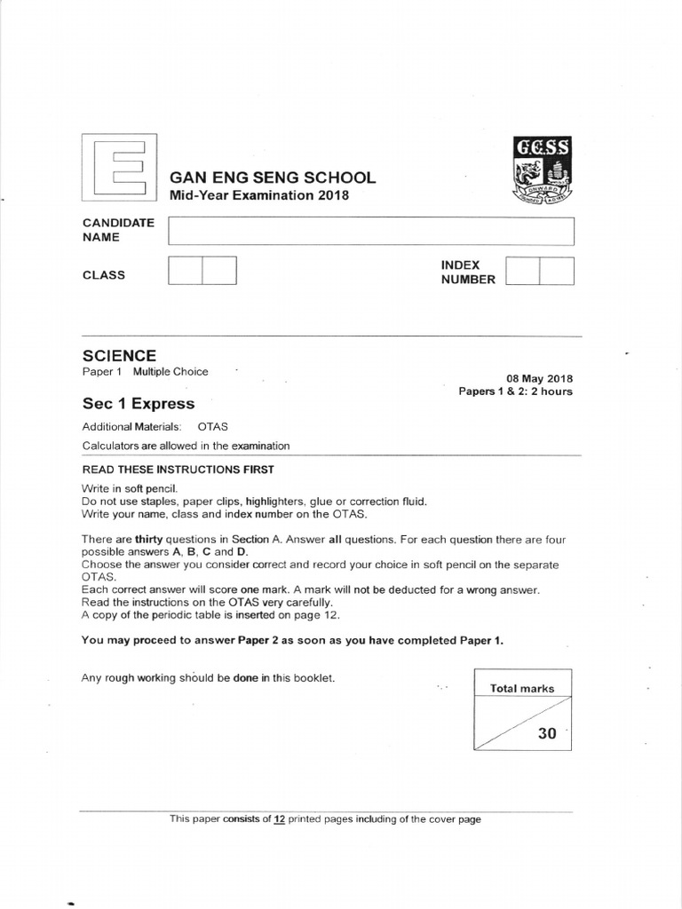 GESS Science Exam Paper 1 2018 | PDF | Density | Mixture