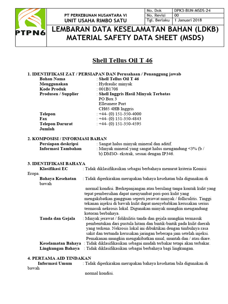 MSDS Shell Tellus Oil T 46 | PDF