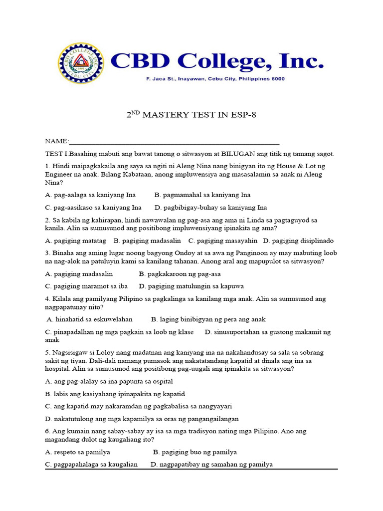 2ND Mastery Test in Esp 8new | PDF